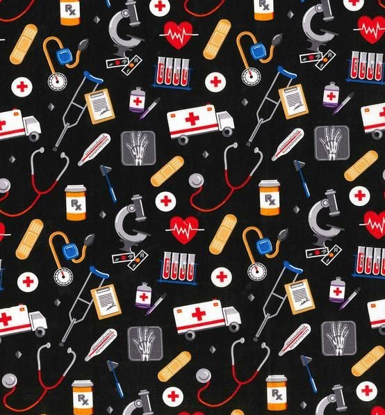 Medical Theme Nurse Supplies X-ray Band aid RX Thermometer Fabric Stet ...